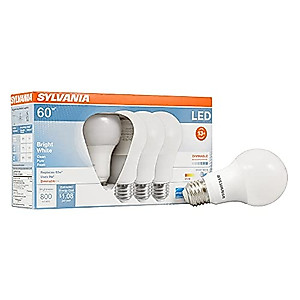 SYLVANIA LED A19 Light Bulb, 60W Equivalent, Efficient 9W, Medium Base, Dimmable Frosted 3500K Bright White, 4 pack