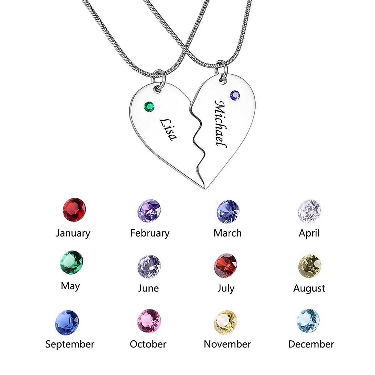 Valyria Personalized Engraved Stainless Steel Matching Heart Puzzle Pendant His and Hers Necklace Custom Couple Name Necklaces(2 Half Heart-Silver) VA002