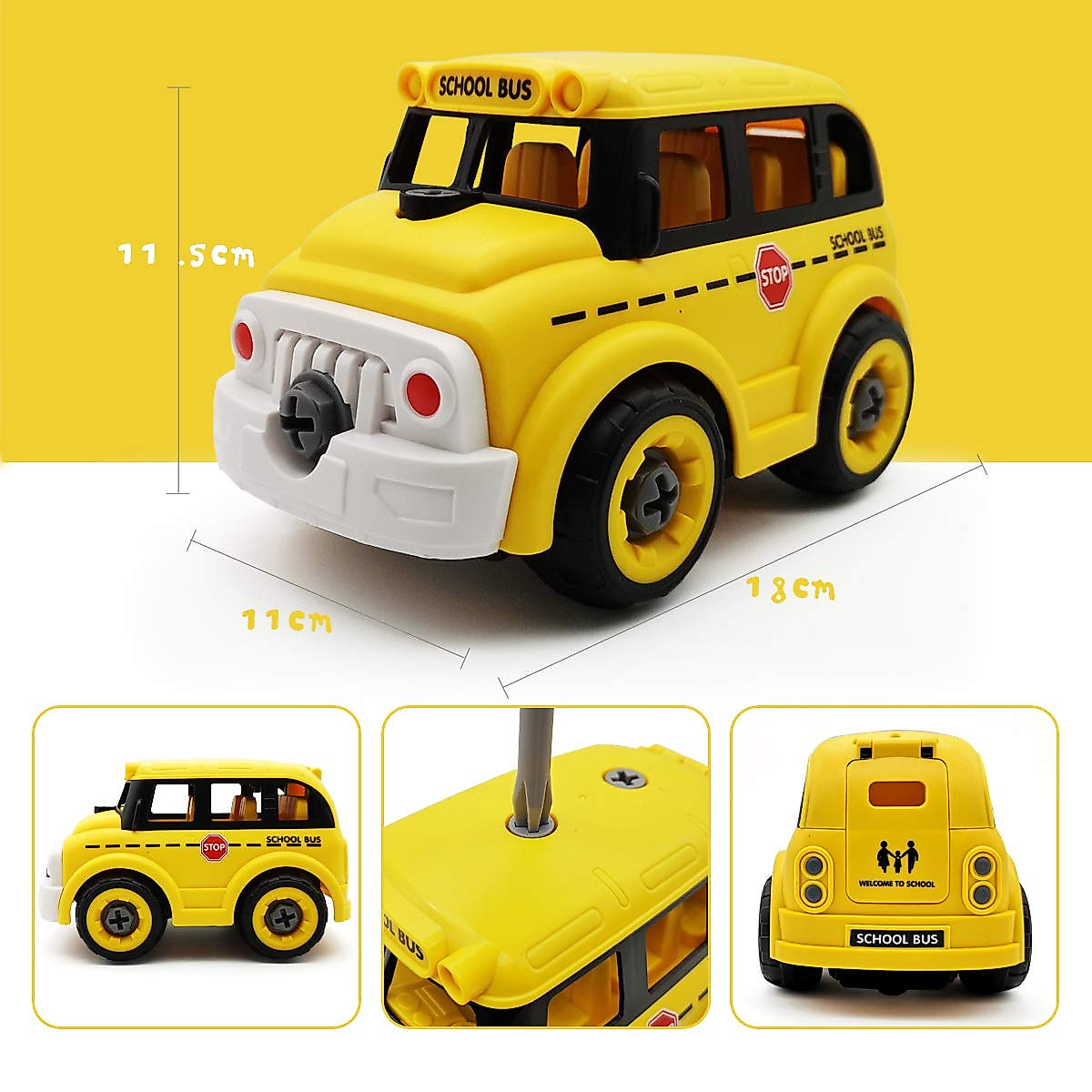 QUN FENG Take Apart Toys with Electric Drill|Remote Control Car 2 in 1 Construction Truck School Bus Taxi|Gift Toys for Boys 3,4,5,6,7 Year Olds|2.4G Stem Building Learning Toys