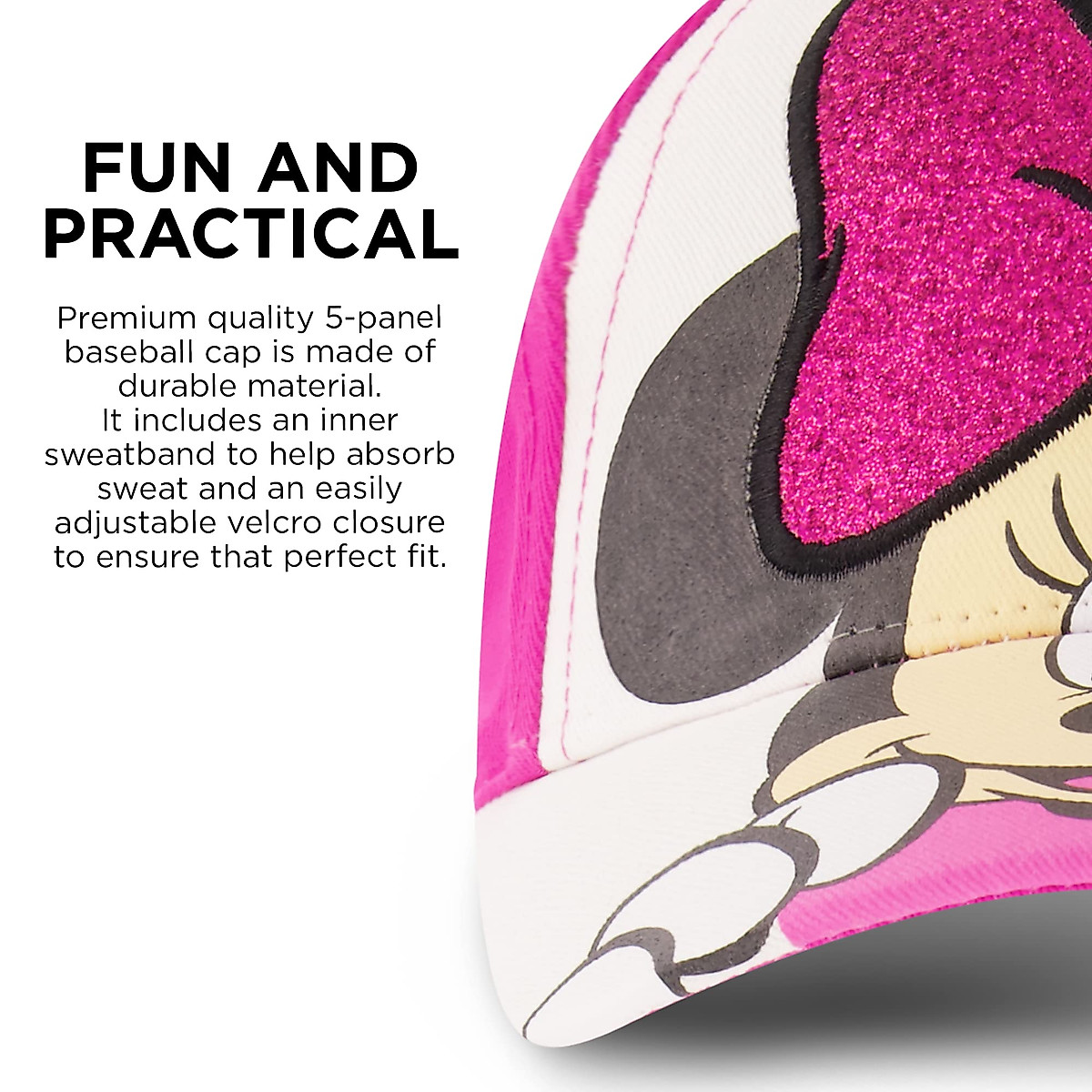 Disney Girls Cap, Minnie Mouse Adjustable Toddler Hat, Ages 2-4 Or Hats For Kids 4-7 Baseball Cap, Pink/White, 2-4T US