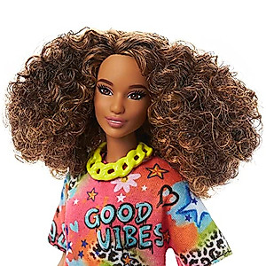 Barbie Doll, Kids Toys, Curly Brown Hair, Fashionistas, Athletic Body Shape, Graffiti-Print T-Shirt Dress, Clothes and Accessories