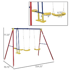 Outsunny Metal Swing Set with Glider, Two Swing Seats and Adjustable Height, Outdoor Heavy Duty A-Frame Suitable for Playground, Backyard, Multi-Color