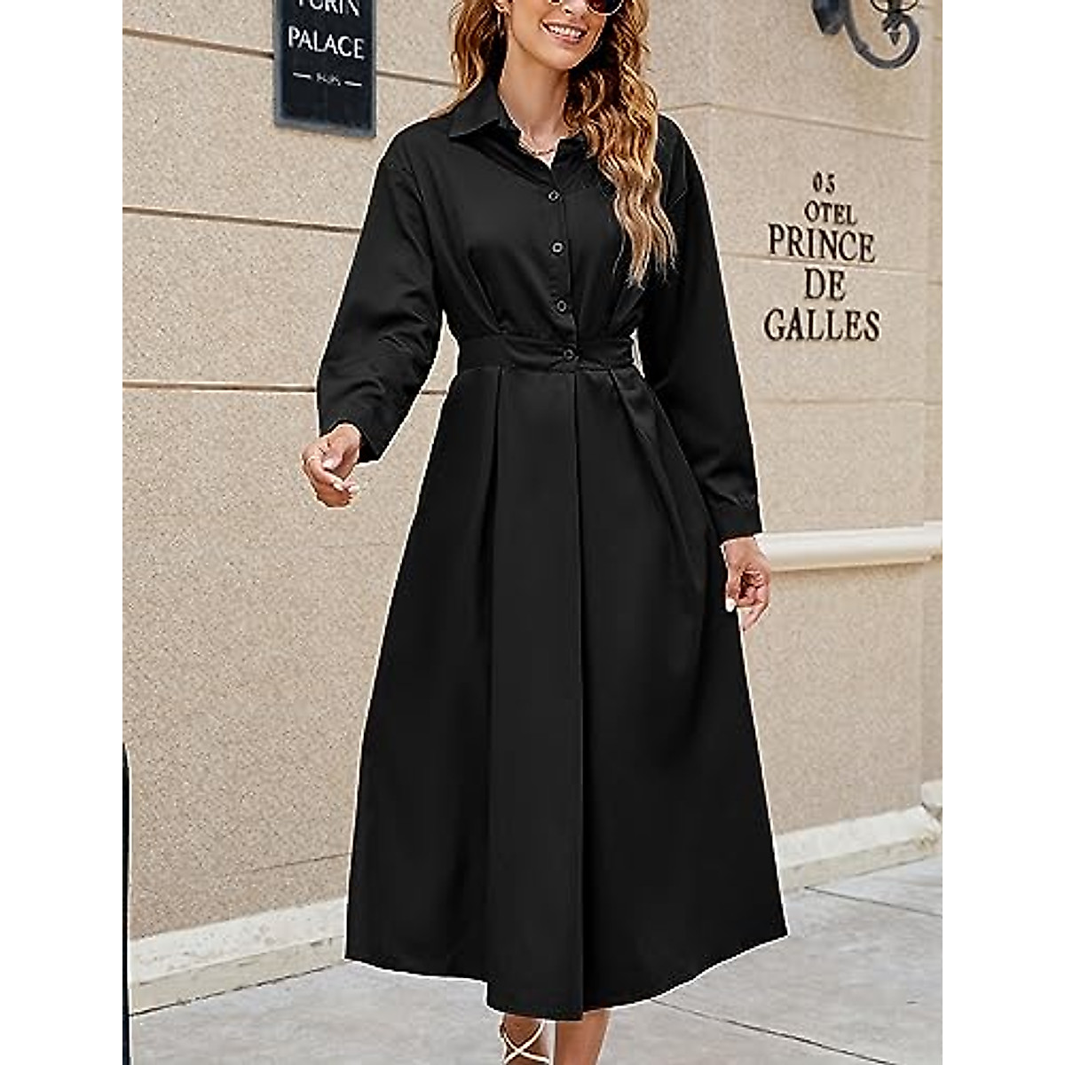 Ladyful Elegant Cotton Shirt Dress for Women A-line Long Sleeve Maxi Dress Black