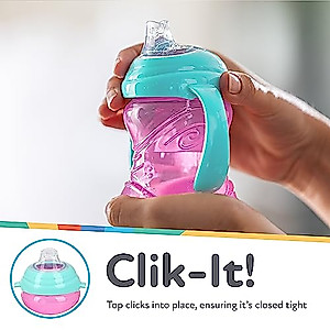 Nuby 3 Piece No-Spill Grip N’ Sip Silicone Cup with Soft Flex Spout, 2 Handle with Clik It Lock Feature, Girl,10 Ounce, Light Pink, Bright Pink, Purple, Aqua Light Pink, Bright Pink, Purple, Aqua