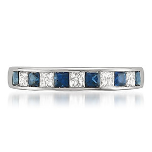 Beyond Brilliance 0.61 Carat Channel Set Princess Cut Diamond & Blue Sapphire Wedding Band Ring in 14K White Gold (H-I, I1-I2)