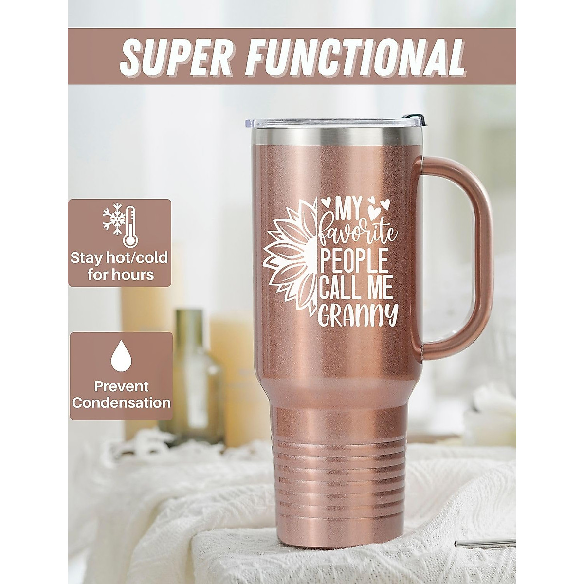 Onebttl Granny Gifts from Granddaughter, Grandson, 40 oz Insulated Stainless Steel Wine Tumbler with Lid and Straw, Gifts for Grandma on Birthday, Christmas, Mother's Day, Rose gold