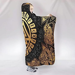 Norse Mythology 3D Printed Hooded Blanket Warm Soft Valhalla Celtic Knot Rune Unisex Winter Wearable Hooded Blanket Double Thick Plush Wool Blanket Cape ( Color : Blanket , Size : 80x60in/150x200cm )