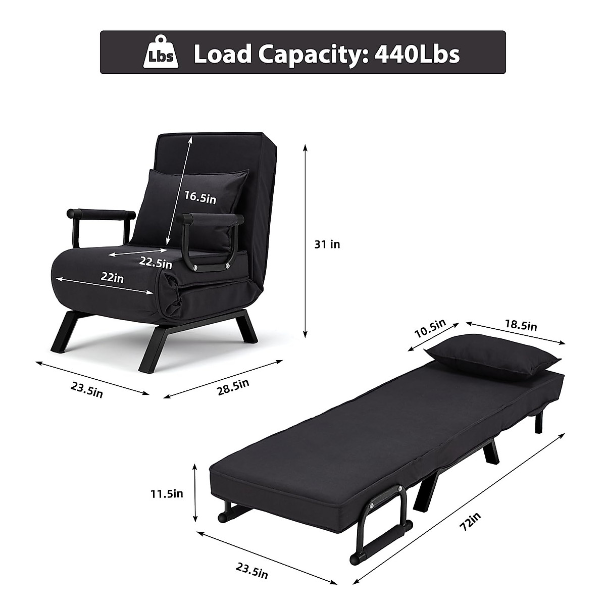 Haddockway 3-in-1 Convertible Sofa Bed Sleeper Chair with Pillow,Folding Versatile Upholstered Armchair,Adjustable Leisure Chaise with 6 Positions,Lazy Bed Lounge Recliner for Home,Office (Black)