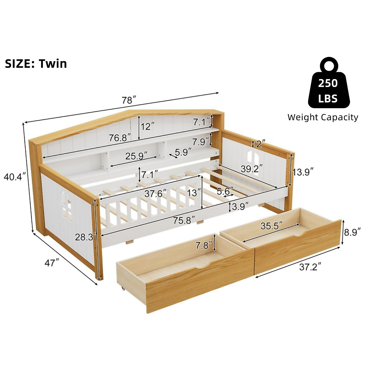 Merax Twin Size Bed Frames with 2 Storage Drawers and Bookcase Headboard, Montessori House Shape Daybed for Kids Girls Boys Teens, No Box Spring Needed