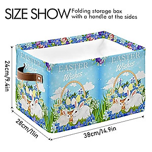Foldable Storage Basket, Cube Organizer Bins Easter Egg Basket with Bunnies and Spring Flower Cube Bag Dual Handles for Closet Shelf