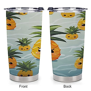 FHENMSA Reusable Plastic Water Cups with Lids,Cute Pineapple Print Anti-overflow Cup,sports Travel Coffee Cup