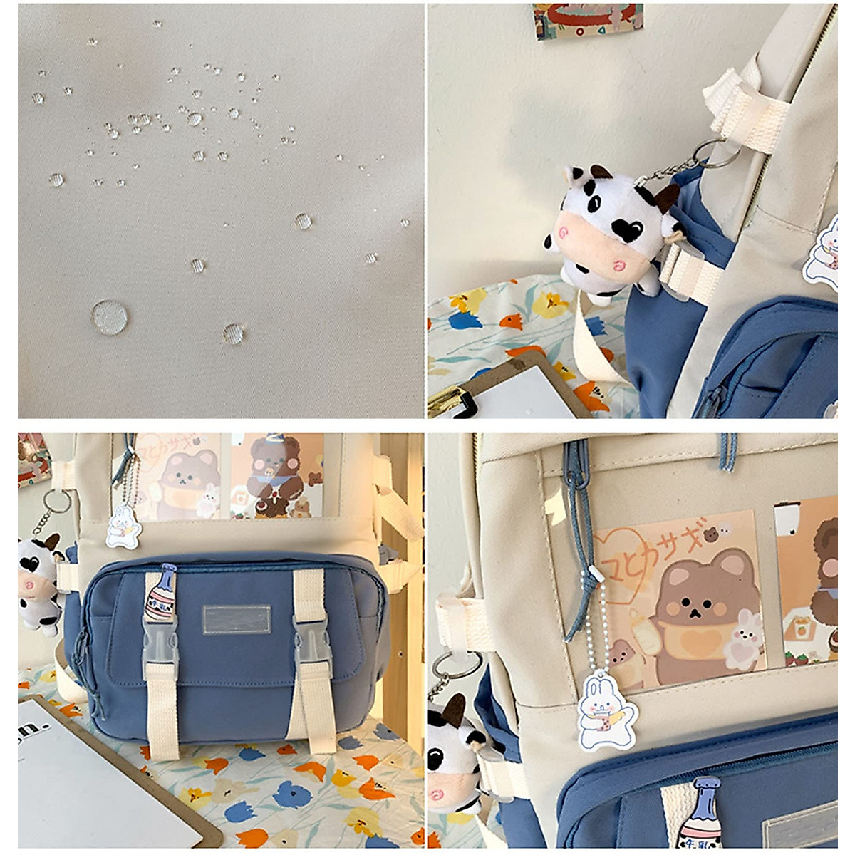 JELLYEA Kawaii School Backpack with Cute Milk Cow Accessories Kawaii Pins for Girls Teen (Black)