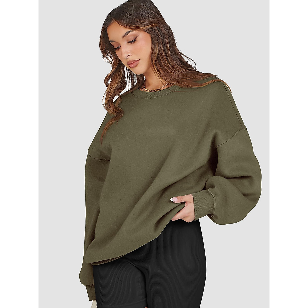 ATHMILE Oversized Sweatshirt for Women Crewneck Fleece Long Sleeve Pullover Hoodies Tops Fall Fashion Outfits 2025 Clothes-L Armygreen