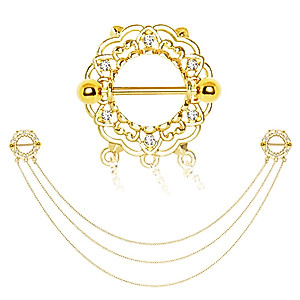 1 14 Gauge 3/4 Inch Barbell Gold IP Stainless Steel Triple Chain Floral Nipple Shields Piercing Jewelry F201