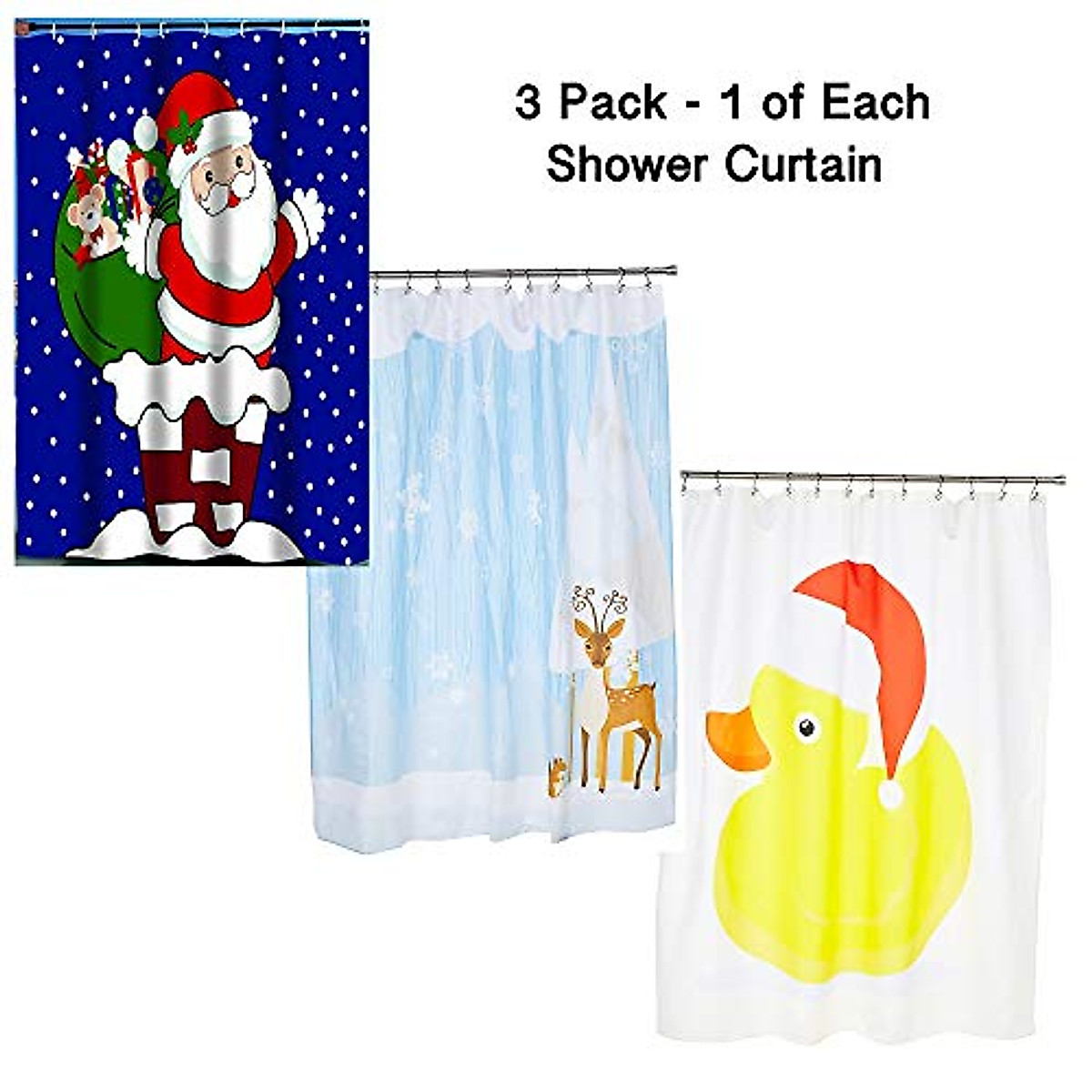 Carnation Christmas Shower Curtain 3 Pack - 1 Each Christmas Santa Up On The Rooftop, Forest Reindeer Friends, Christmas Tubber Ducky - Set 3 Fabric Xmas Shower Curtains