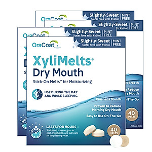 OraCoat XyliMelts Dry Mouth Relief Moisturizing Oral Adhering Discs 40 Count, 4 Pack, Slightly-Sweet with Xylitol, for Dry Mouth, Stimulates Saliva