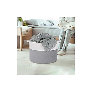 Actume XXXL Cotton Rope Basket 21" X 21" X 14" Decorative Woven Basket, Laundry Baskets for Blanket Toys Towels Nursery Hamper Bin with Handle, Grey White