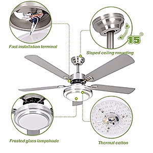 hykolity 52 Inch Ceiling Fans with Lights (Integrated LED) Remote Control, Reversible Motor and Blades, ETL Listed, for Patio Living Room, Bedroom, Office - Brushed Nickel (5-Blades)