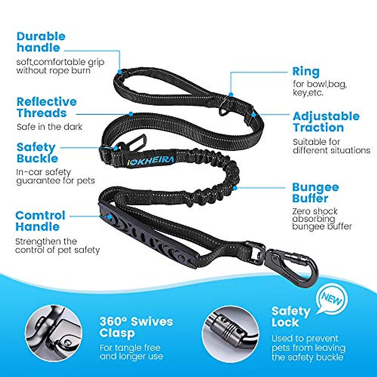 IOKHEIRA 6Ft /4Ft Dog Leash Rope for Large Dogs, Heavy Duty with Comfortable Padded Handle and Highly Reflective Threads,4-in-1 Multifunctional Dog Leashes with Car Seat Belt for Training