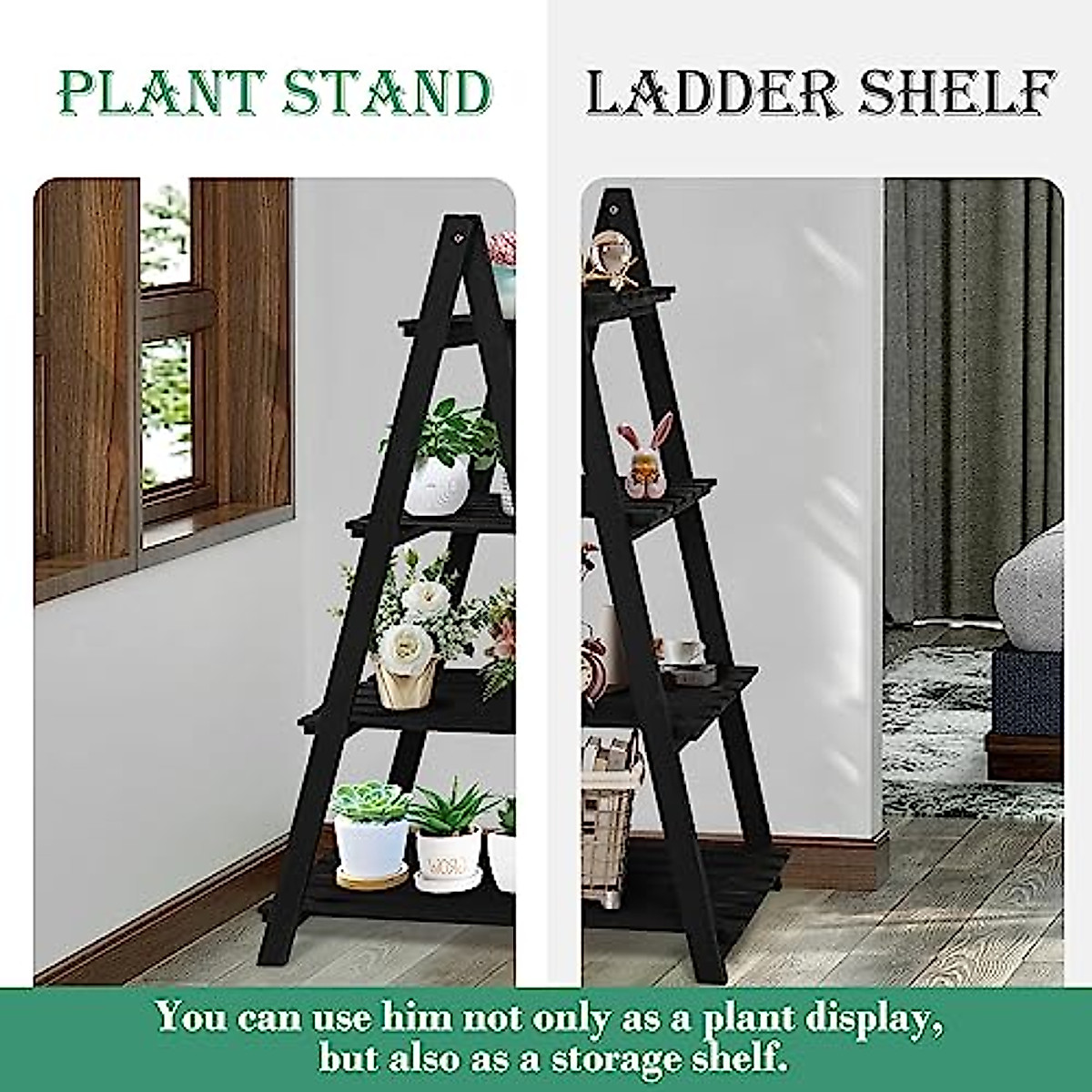 Babion 4-Tier Ladder Shelf, Bookshelf for Small Spaces, Wooden Ladder Bookcase, Storage Rack, Plant Stand Floor Freestanding, Flowerpot Storage Shelf (Black)