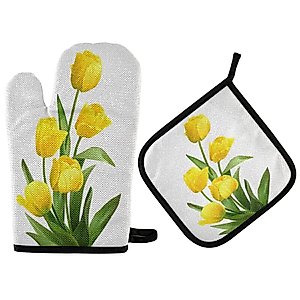 Spring Yellow Tulips Oven Mitts Pot Holder Set Bouquet Flowers Kitchen Decor Cooking Stove Gloves Heat Resistant Hot Pads Recycled for BBQ Baking Grilling