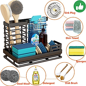 CIT ZCFYU Kitchen Sink Caddy Sponge Holder, Sink Caddy Kitchen Sink Organizer Stainless Steel, Dish Sponge Holder with Dishcloth Rack, Removable Drain Tray for Sponge, Gifts for Women & Men, Black