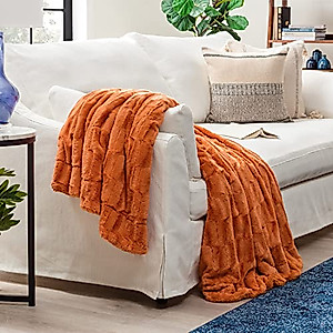 Chanasya Fuzzy Faux Fur Rectangular Embossed Throw Blanket - Super Soft and Warm Lightweight Reversible Sherpa for Couch, Home, Living Room, and Bedroom Décor (50x65 Inches) Orange