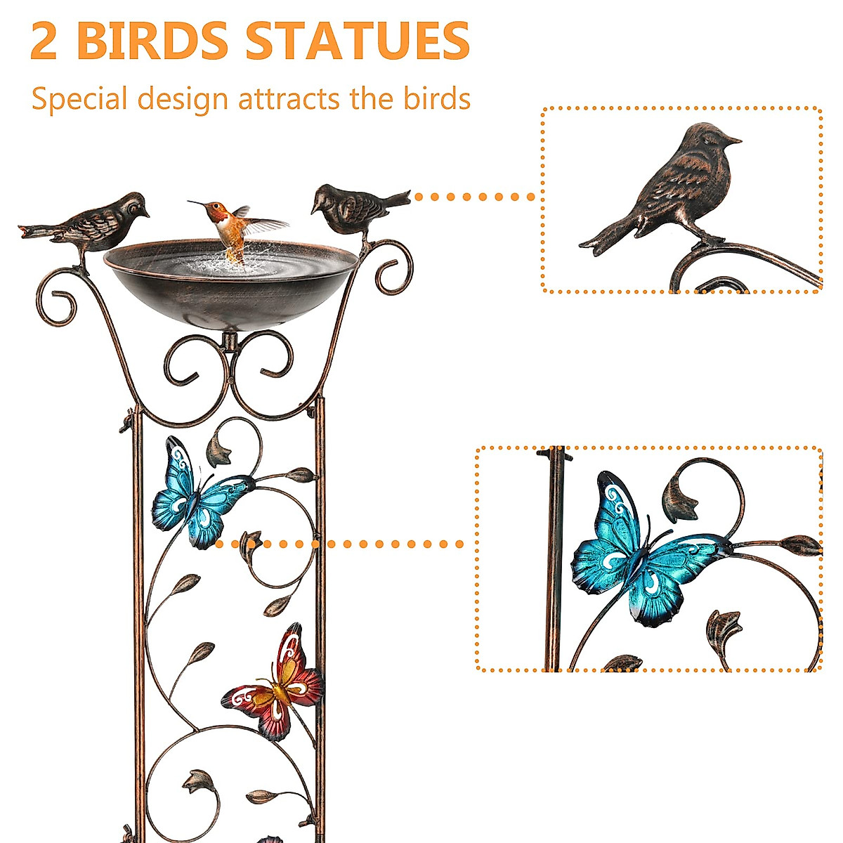 LEWIS&WAYNE Garden Trellis Bird Bath Outdoor, 40 Inch Antique Iron Garden Plant Trellis Decorative with Butterflies and Detachable Drinking Basin Bowl, Free Standing BirdBath Birdfeeder Station