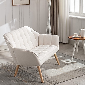 ZH4YOU 48" Small Loveseat for Small Spaces, Upholstered Fluffy White Loveseat Sofa, Mid Century Modern 2-Seater Couch with Armrest and Wood Legs for Bedroom, Living Room, Apartment, White