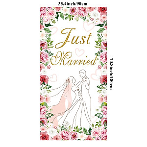 LOONELO Just Married Wedding Door Cover with 70.8''X35.4'', Floral Bridal Shower Hanging Banner Porch Sign for New Couple Wedding Ceremony, Engagement, Bachelorette Party Supplies