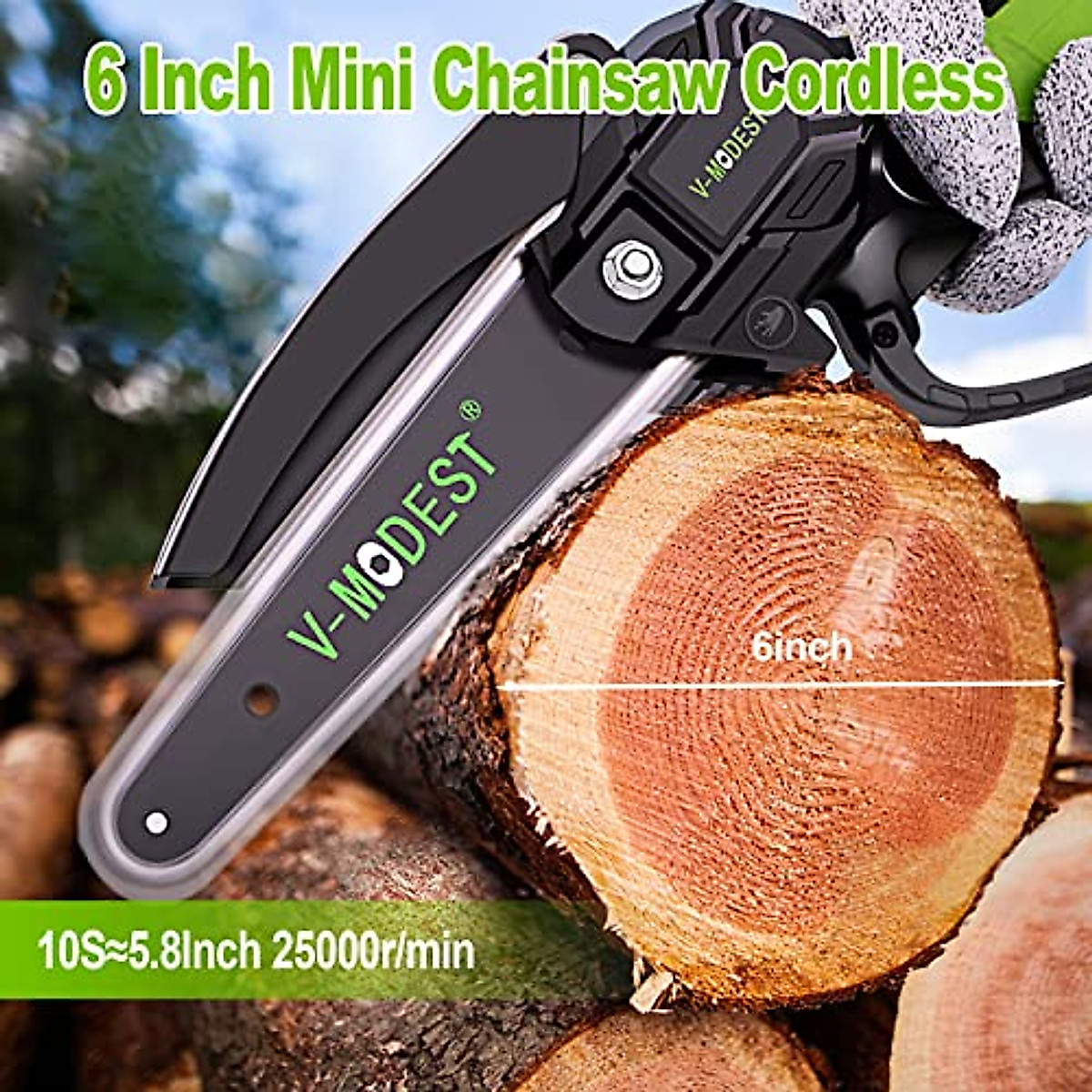 6 inch Mini Chainsaw Cordless, V-MODEST Upgraded Portable Handheld Electric Chain Saw Powered by 2 * 24V Rechargeable Battery, Small Chainsaw with Security Lock for Tree Branches Wood Cutting