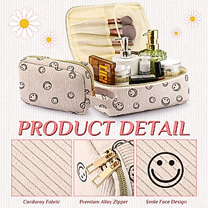 Sanwuta 2 Pcs Corduroy Cosmetic Bag Set Travel Toiletry Bag Smile Face Makeup Pouch Portable Cosmetic Pouch Smile Dots Bags Multifunction Organizer Washable Skincare Bag for Women, 2 sizes