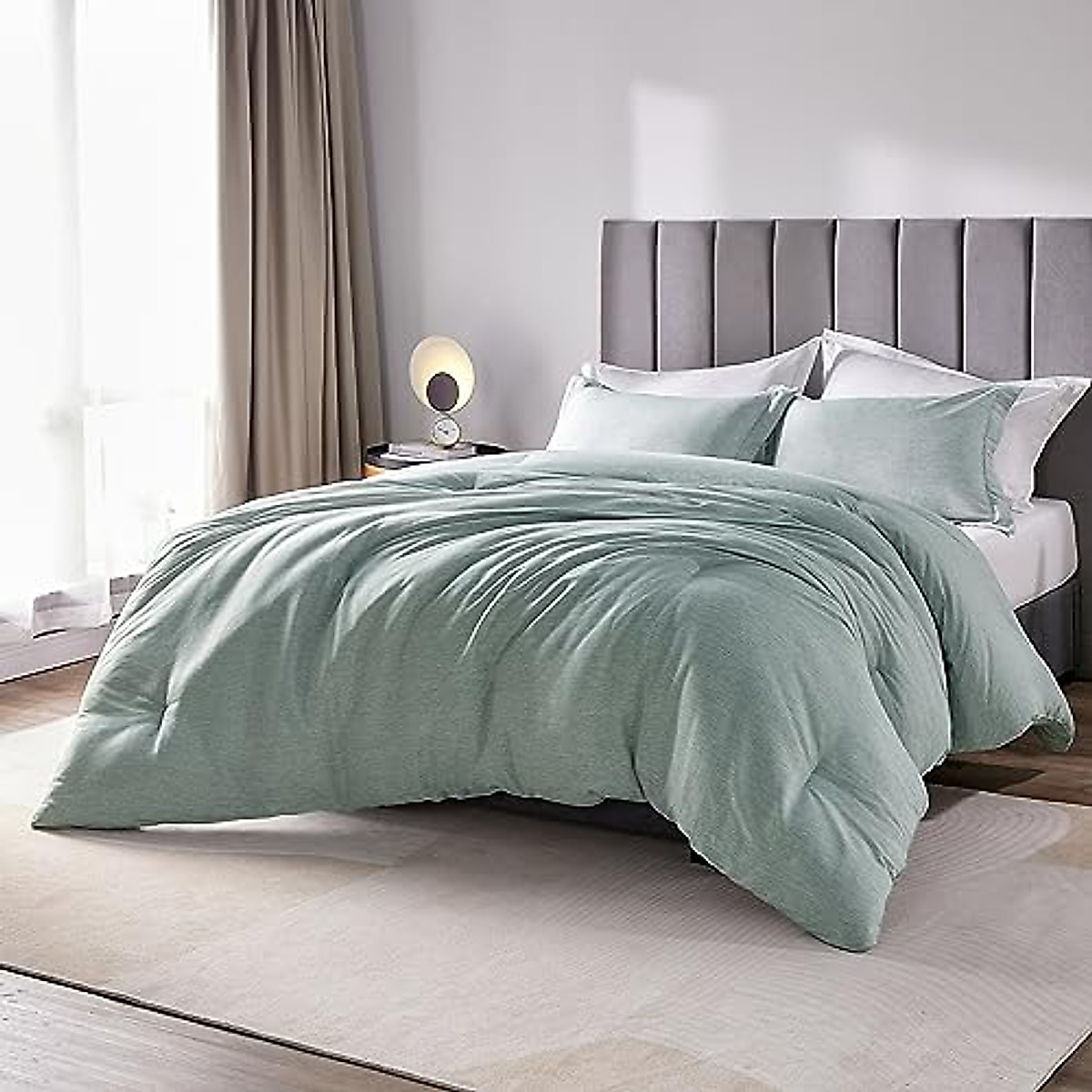 CozyLux Queen Size Comforter Set - 3 Pieces Sage Green Soft Luxury Cationic Dyeing Bedding Comforter for All Season, Breathable Lightweight Fluffy Boho Bed Sets with 1 Comforter and 2 Pillow Shams