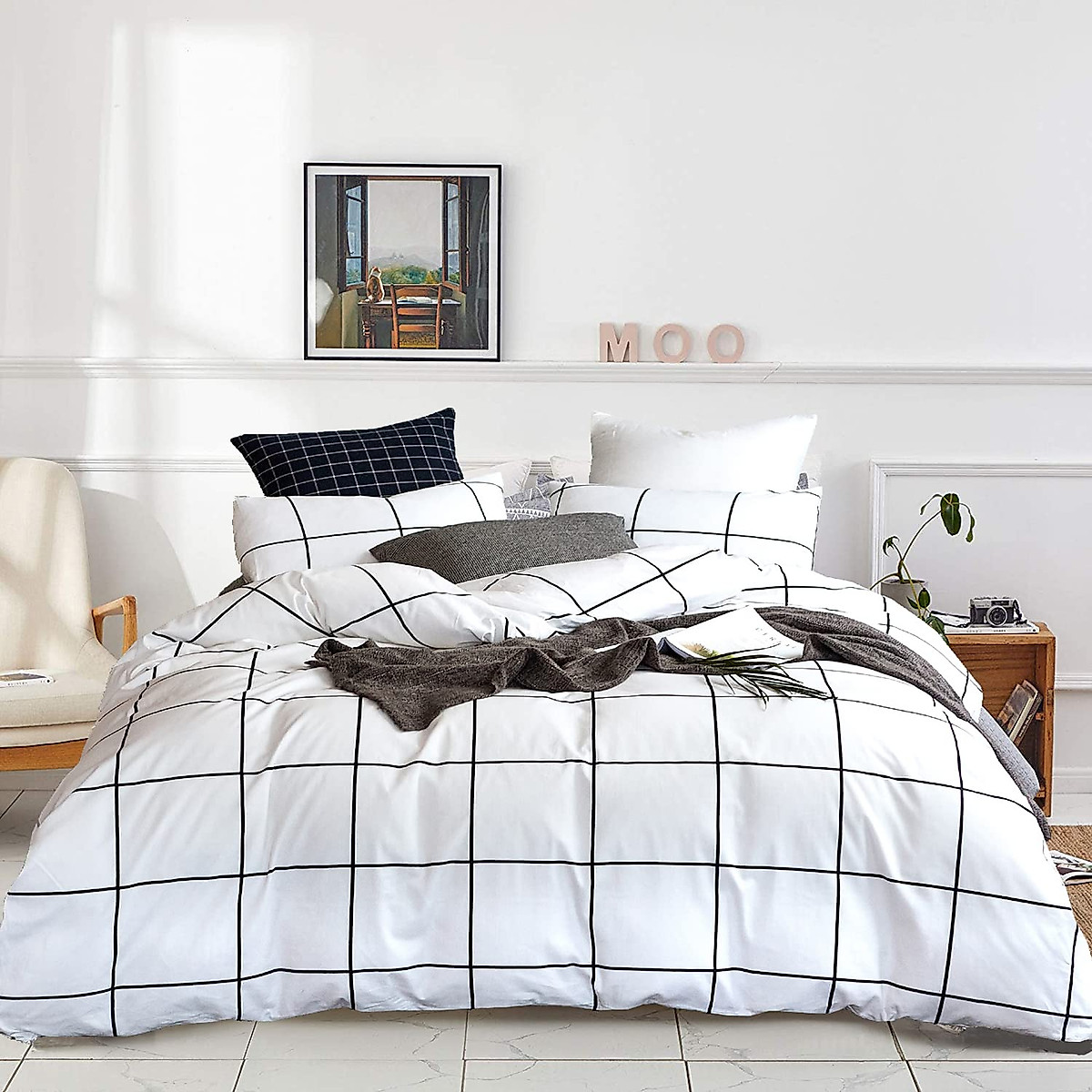 KAREVER White Grid Comforter Set Big Grid Queen Cotton White Black Plaid Printed Stripes Women Checkered Queen Comforters Bedding Set Bed Blanket Set White Plaid Comforter