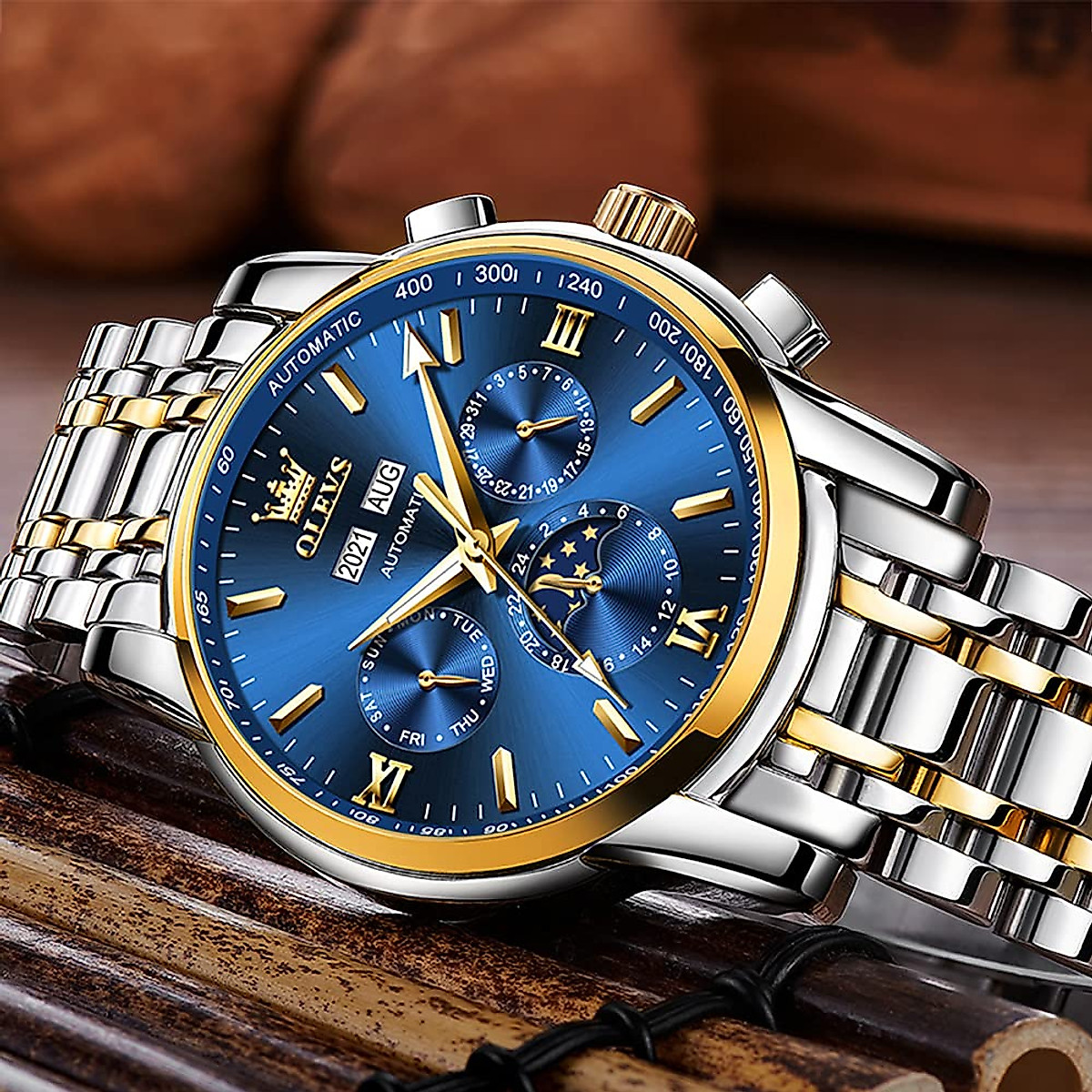 OLEVS Automatic Men Watch Self Winding Mechanical Luxury Dress Moon Phase Stainless Steel Blue Face Waterproof Luminous Calendar Wrist Watch