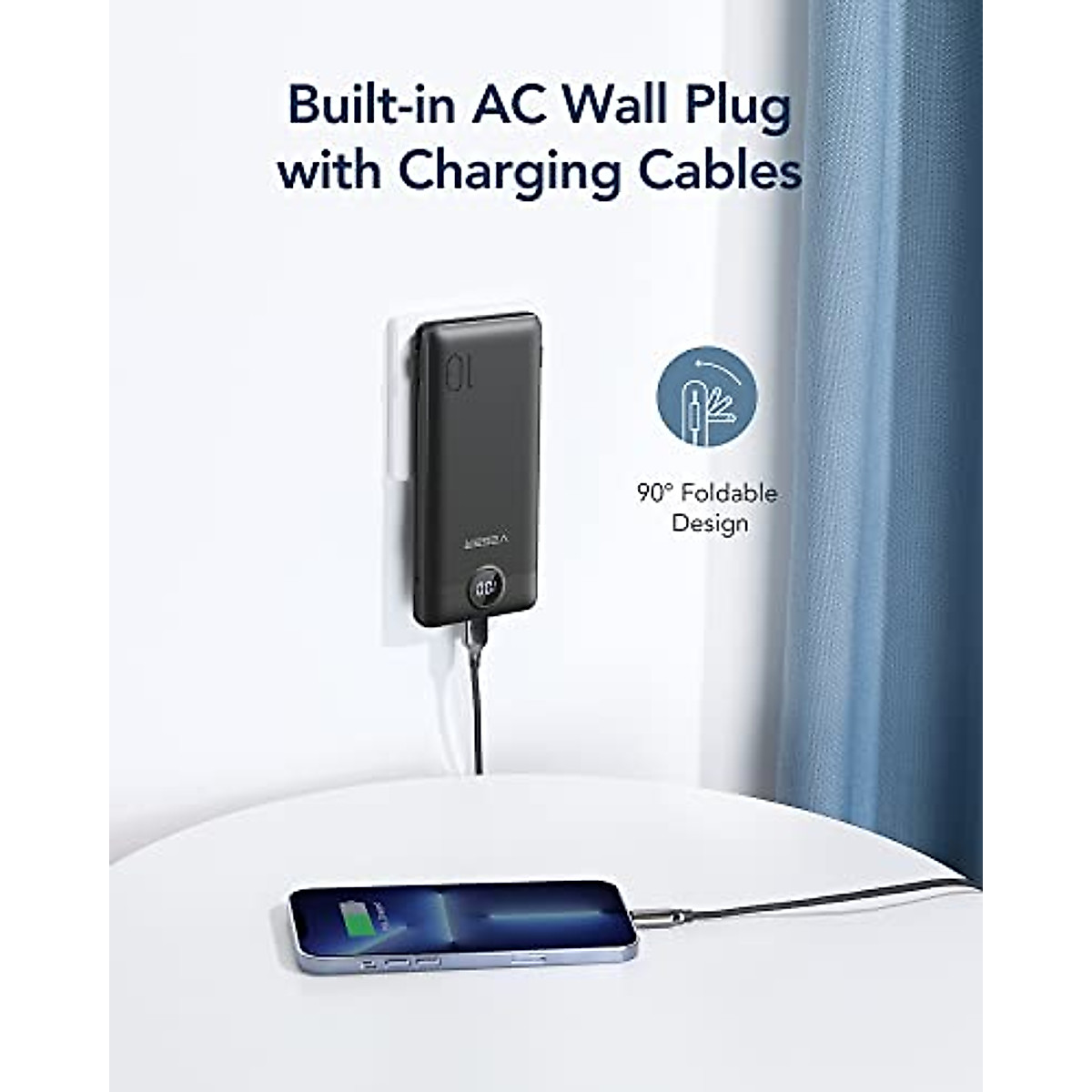 VEGER Portable Charger for iPhone Built in Cables Fast Charging USB C Slim 10000 Power Bank, Wall Plug USB Battery Pack for iPhones, iPad, Samsung More Phones Tablets (Black)