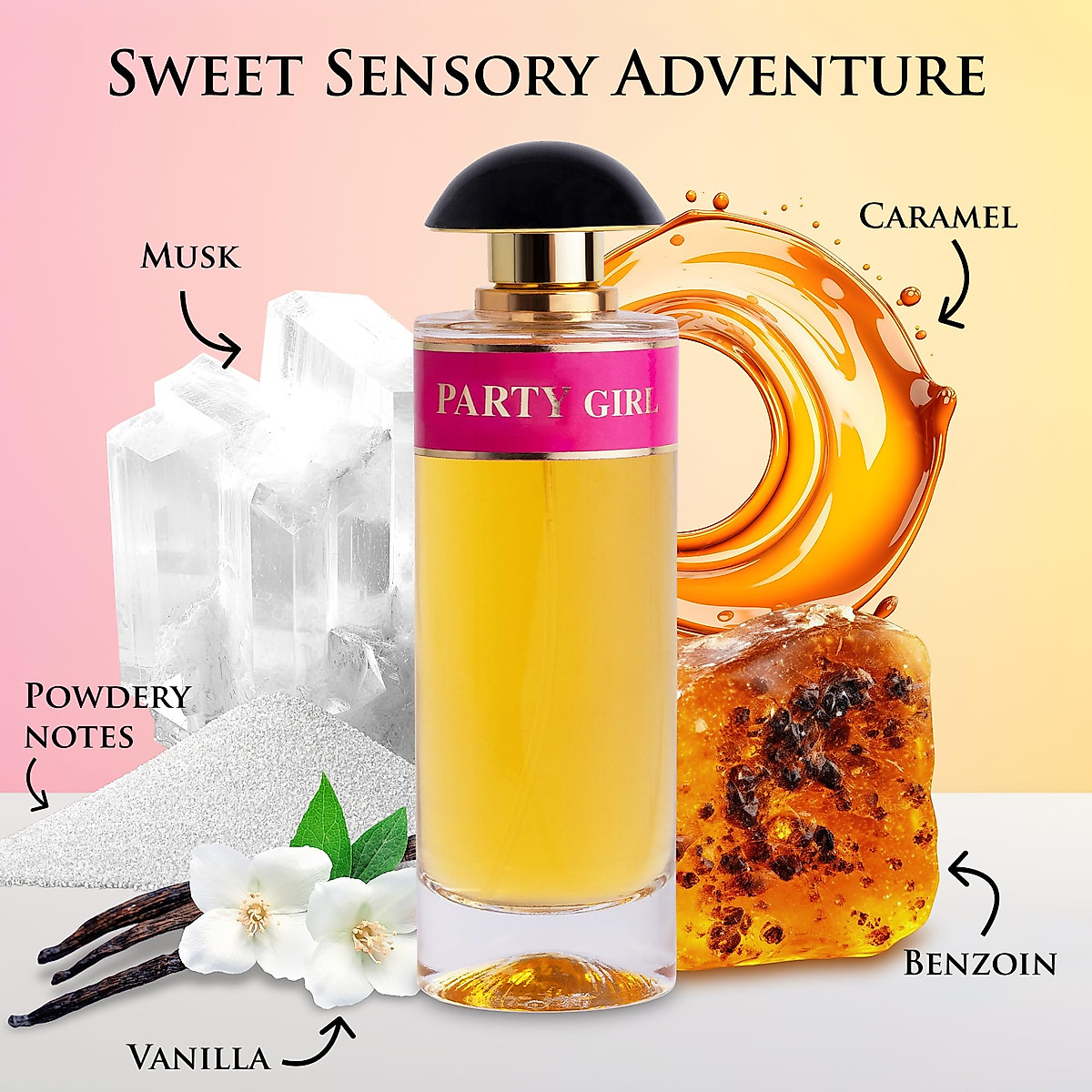 NovoGlow Party Girl for Women - Sweet Top Layer with Middle Layer of Powdery Notes & Musk - Aroma of Caramel, Vanilla & Toasted Nuts - Scent for Any Occasion - Elegant 100ml Bottle with Suede Pouch