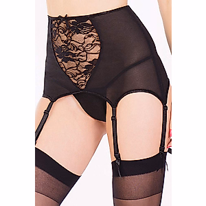 Plus Size Garter Belt - High-waisted Sheer Lace Garter Belt with 6pcs Garters, Hooks and G-string for Women, Sexy Panties, underwear, lingerie (Black, XL)