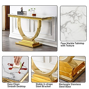 47 Inch Marble Console Table w/Gold U-Shaped Stainless Steel Base Mid-Century Modern Entryway Table for Living Room Hallway Luxury Foyer Table Sofa Table witn High Glossy Finish (White&Gold)