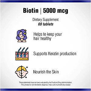Biotin 60 Tablets 5000 mcg by Natural Systems | Biotin Hair Growth Support Pills | Hair Skin Nails Vitamins for Men and Women | Biotin Supplement Improves Cell Growth
