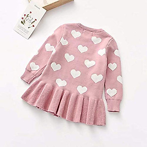 WALLARENEAR Toddler Baby Girl Valentine Dress Kids Heart Long Sleeve Knit Sweater Dress Pleated Dress Fall Winter Warm Outfits (Pink, 2-3 Years)