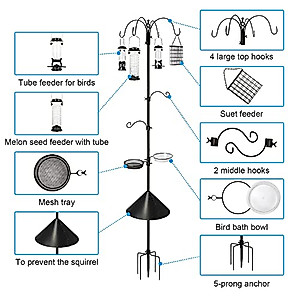Ointo Garden 6-Hook Bird Feeding Station Kit，Bird Feeder Pole Feeder Hanging Kit & Bird Bath for Attracting Wild Birds with Squirrel Proof Baffle Guard
