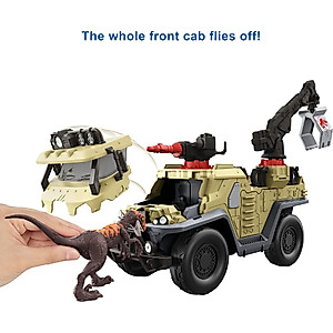 Mattel Jurassic World Dominion Capture & Crush Truck & Dino Playset with Velociraptor Action Figure, Vehicle Features Tranq Shooter, Crane & 2 Breakaways