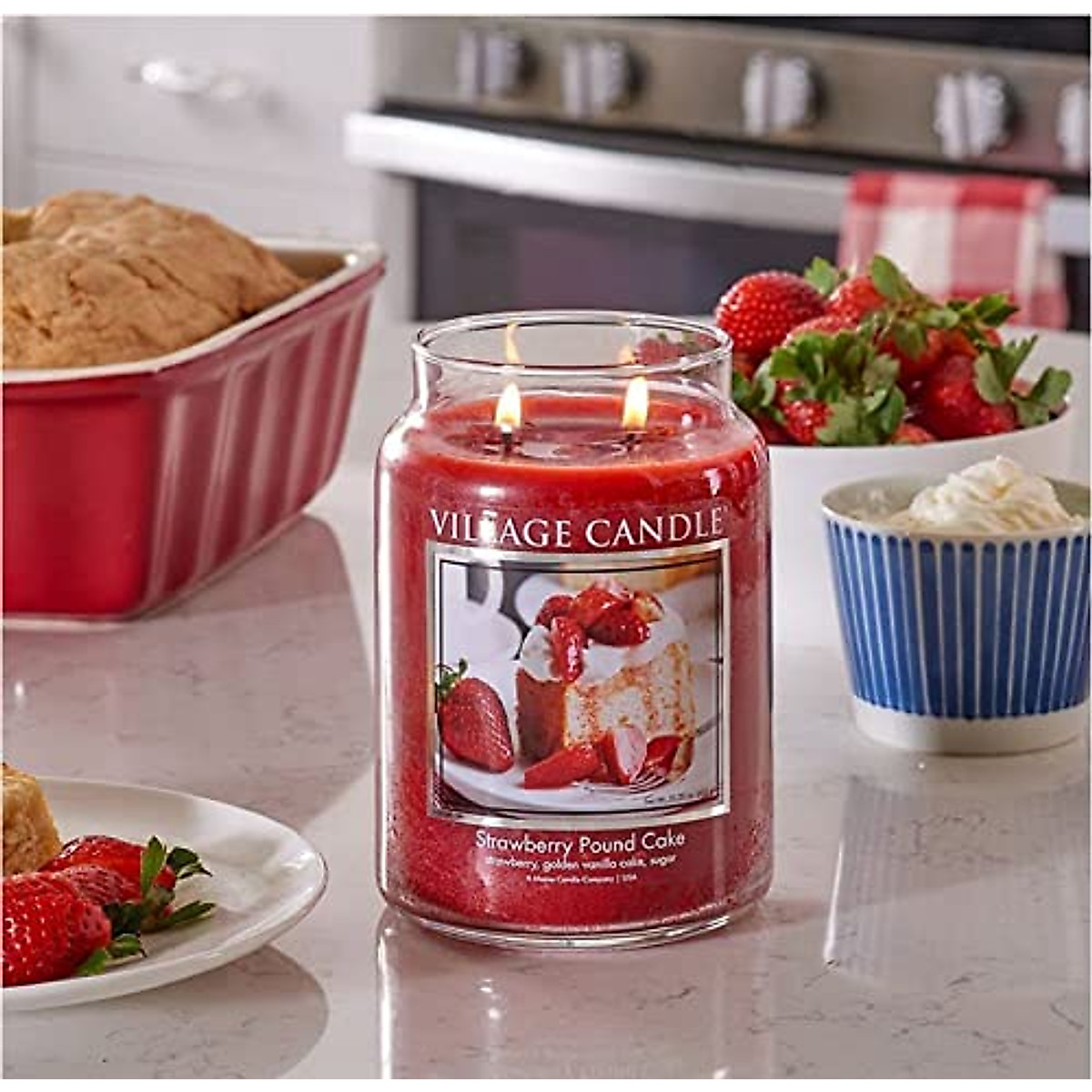 Village Candle Strawberry Pound Cake, Large Glass Apothecary Jar Scented Candle, 21.25 oz, Red