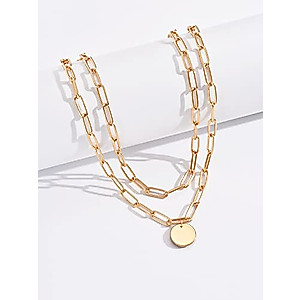 GORGLITTER Women's Round Pendant Layered Necklace Paperclip Chain Necklaces Gold One Size