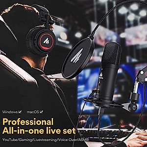 MAONO USB Podcast Microphone with Headphone Set, Zero-Latency Monitoring Computer Condenser PC Mic 192KHZ/24Bit with Mute Button for Recording, Voice Over, Streaming（AU-PM401H）