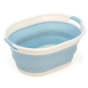 SAMMART 28L (7.4Gallons) Collapsible Plastic Laundry Basket - Oval Tub/Basket - Foldable Storage Container/Organizer - Portable Washing Tub - Space Saving Laundry Hamper (1, Grey/Sterling Blue)