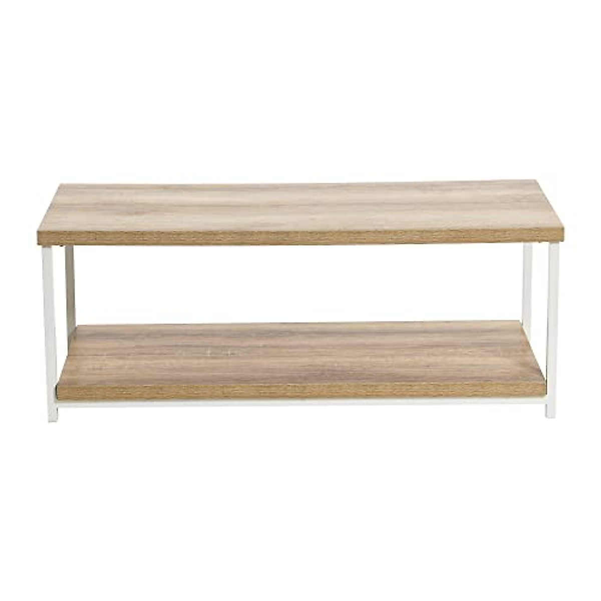 Household Essentials Jamestown Rectangular Coffee Table with Storage Shelf Coastal Oak Rustic Wood Grain and White Metal