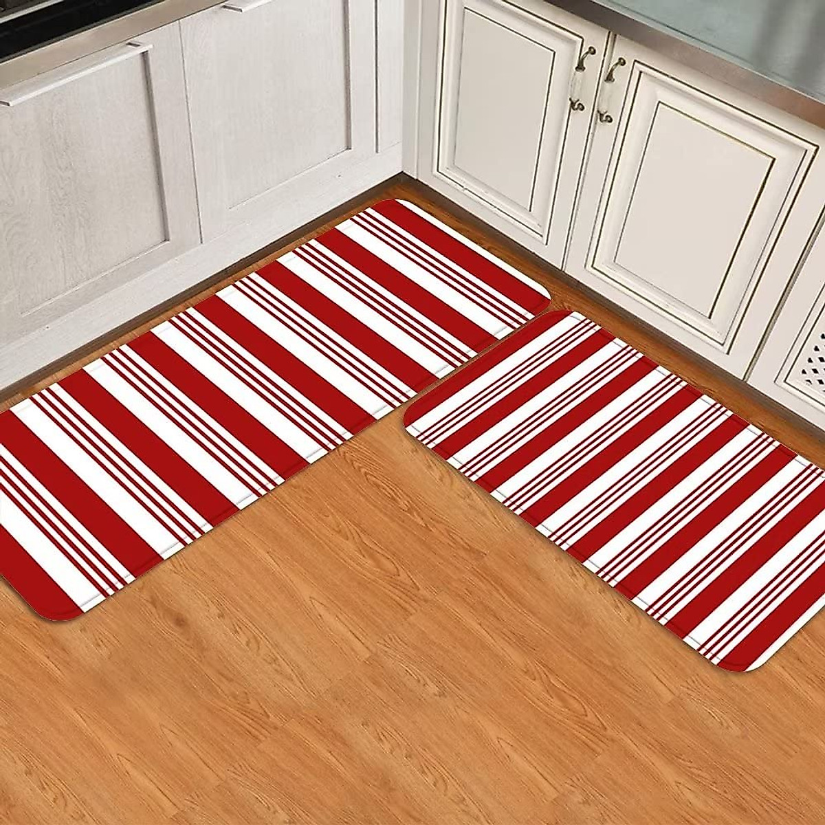Christmas Kitchen Mat Set of 2 Abstract Red and White Striped Candy Cane Pattern Floor Mats Non Slip Doormat Washable Kitchen Rug and Mats Anti Fatigue Cushioned Area Runner Rugs for Sink