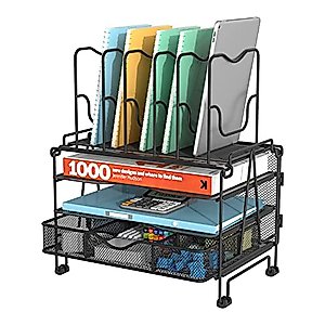 BOHDK Mesh Desk Organizer, 3-in-1 Desktop Organizer with 3 Tier Tray and 5 Upright Sections, File Organizer for Desk with Sliding Drawer, Black